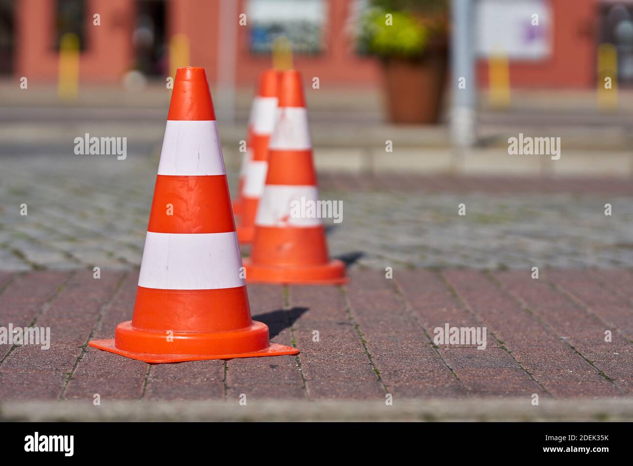 Barrier with traffic cones at a road construction site in Swinoujscie ...