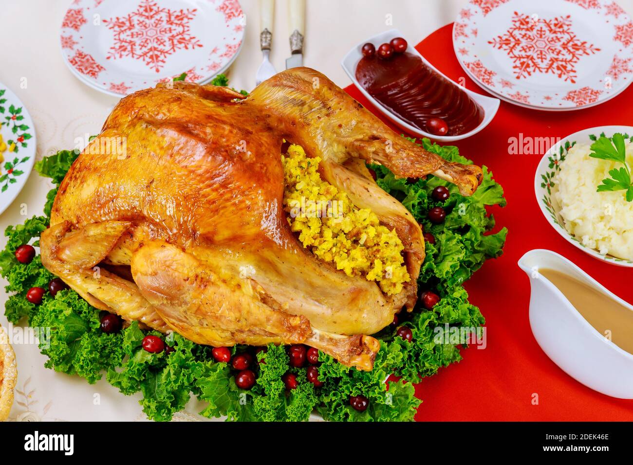 Roasted whole turkey for Christmas dinner. Table setting Stock Photo ...