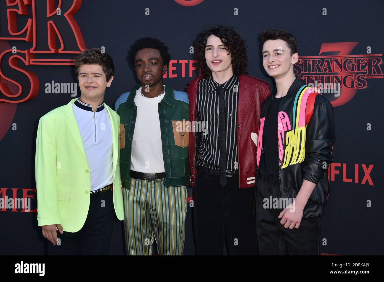 Gaten Matarazzo, Caleb McLaughlin, Finn Wolfhard, and Noah Schnapp attend the premiere of ...