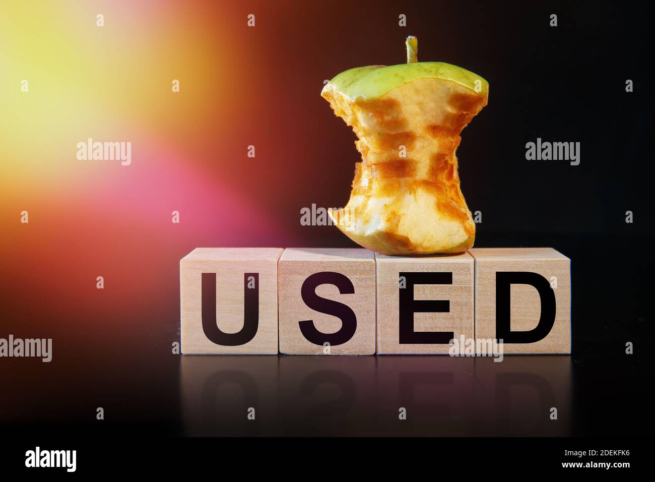 An apple core and the word USED are written on the cubes. Organic and ...