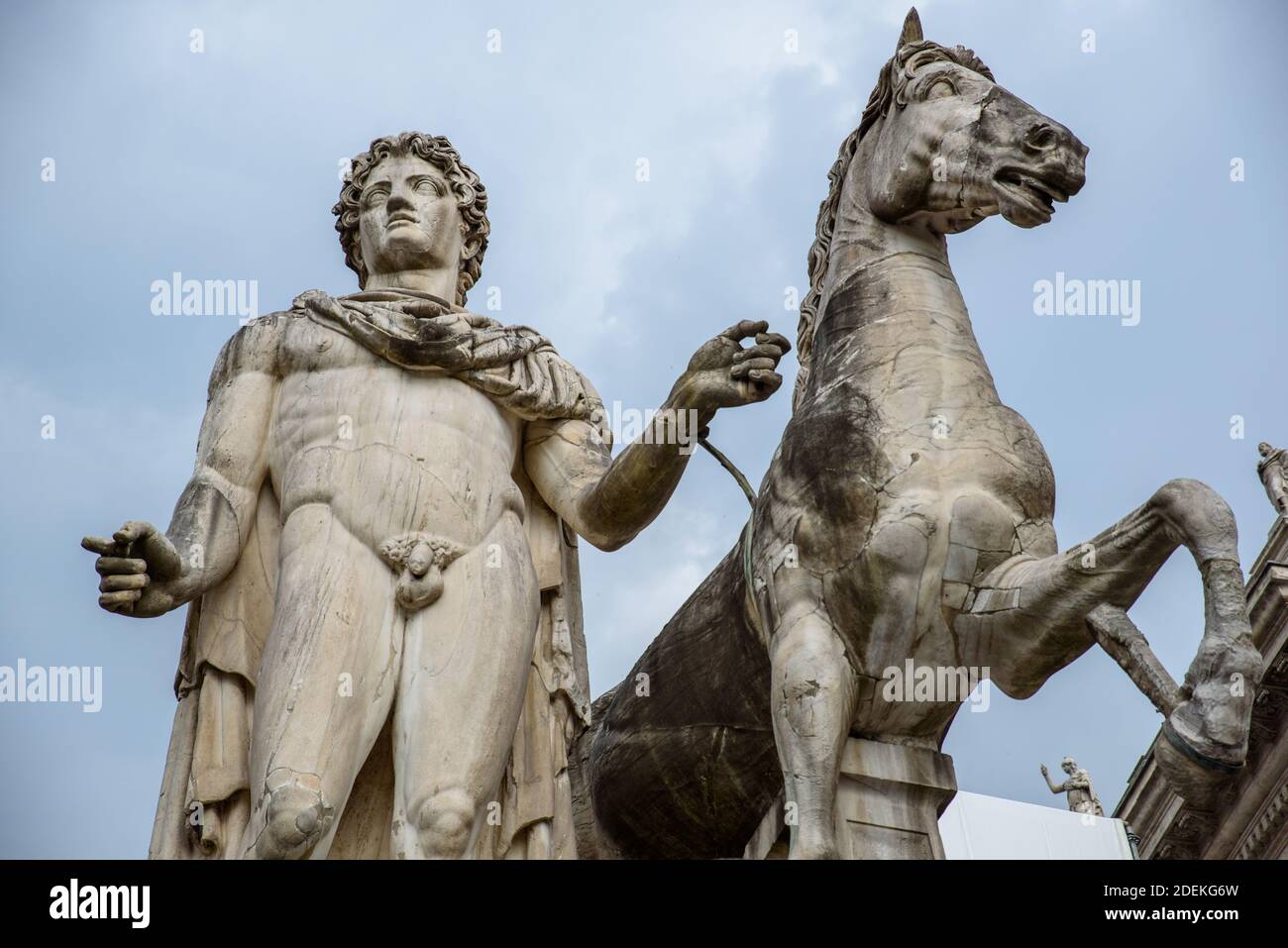 Looking up at the marble statue of Dioscuri Rome, Italy Stock Photo - Alamy
