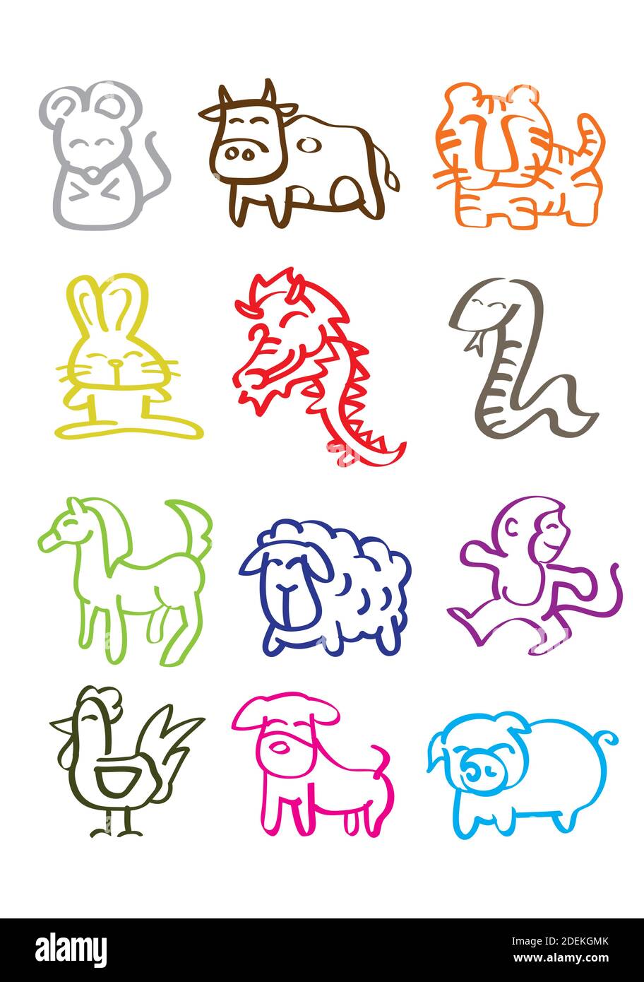 Vector cartoon sketches of twelve animals in Chinese Zodiac in ...