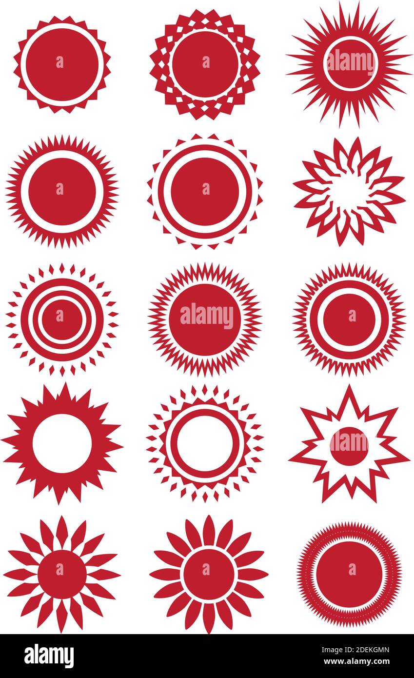 Different designs of sun symbol in red. Vector icon set isolated on ...