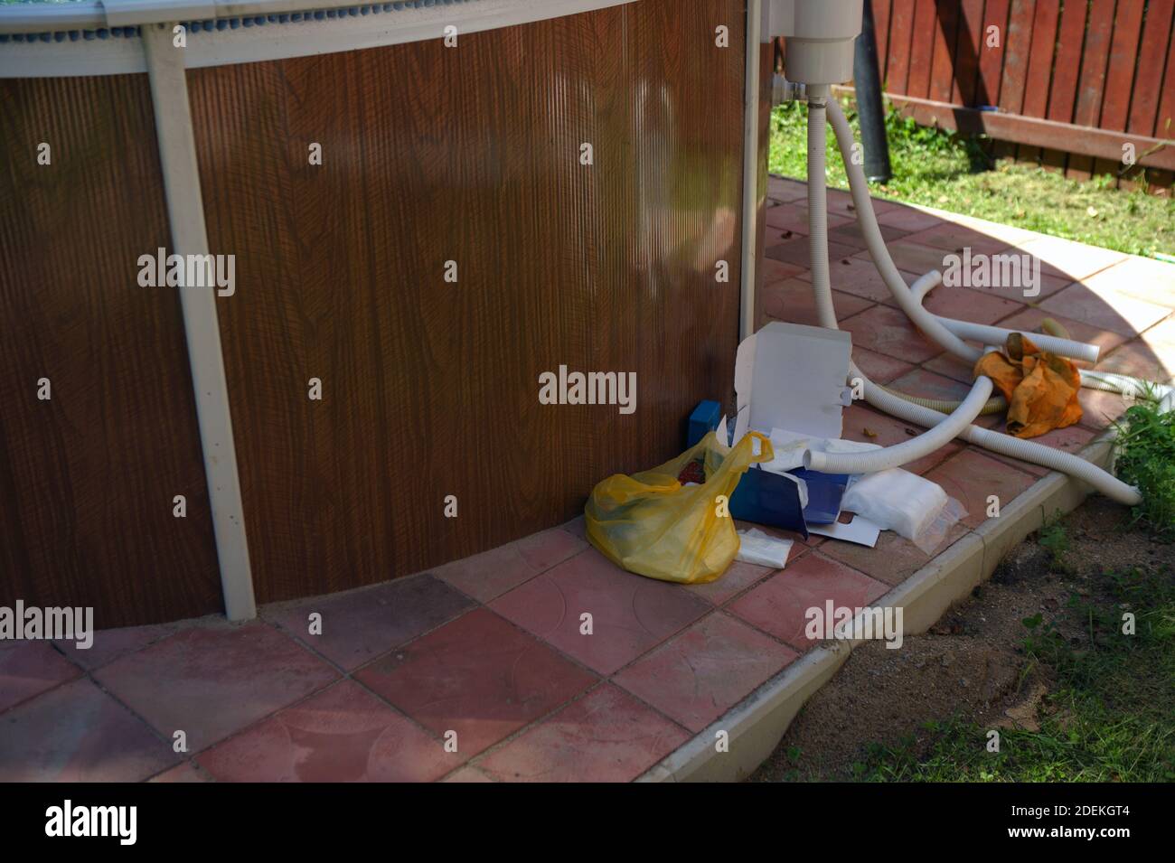 Plastic bags with pool chemicals, outdoor cropped shot Stock Photo - Alamy