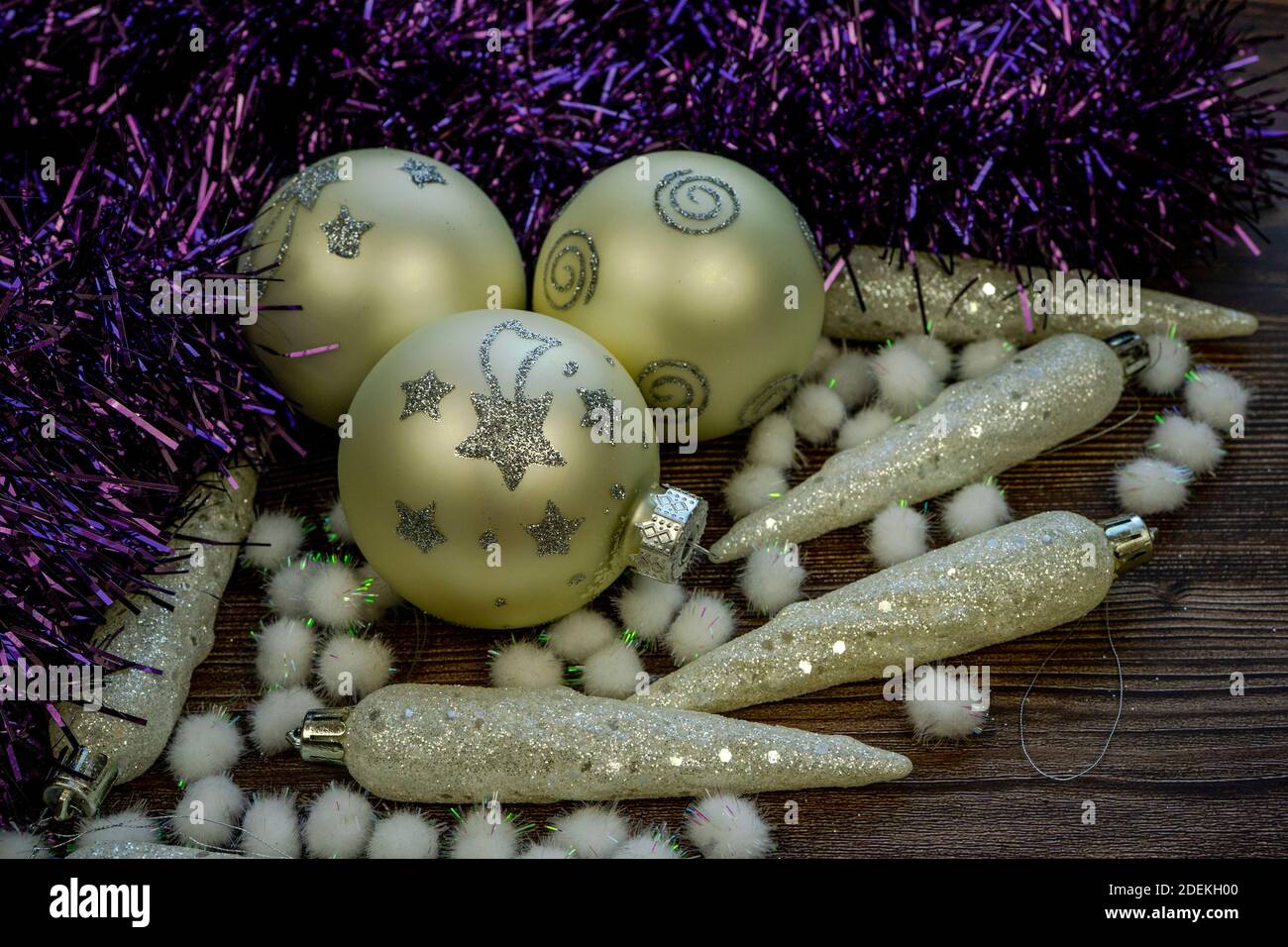 Silver White Christmas balls with icicles and decorative small snow ...