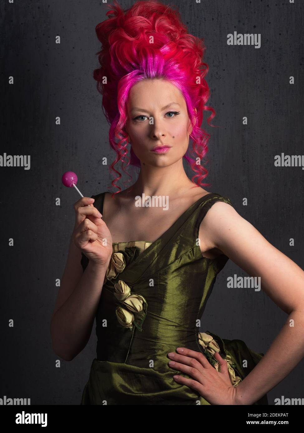 lady in a crinoline with a candy on a stick, bright pink modern tones ...