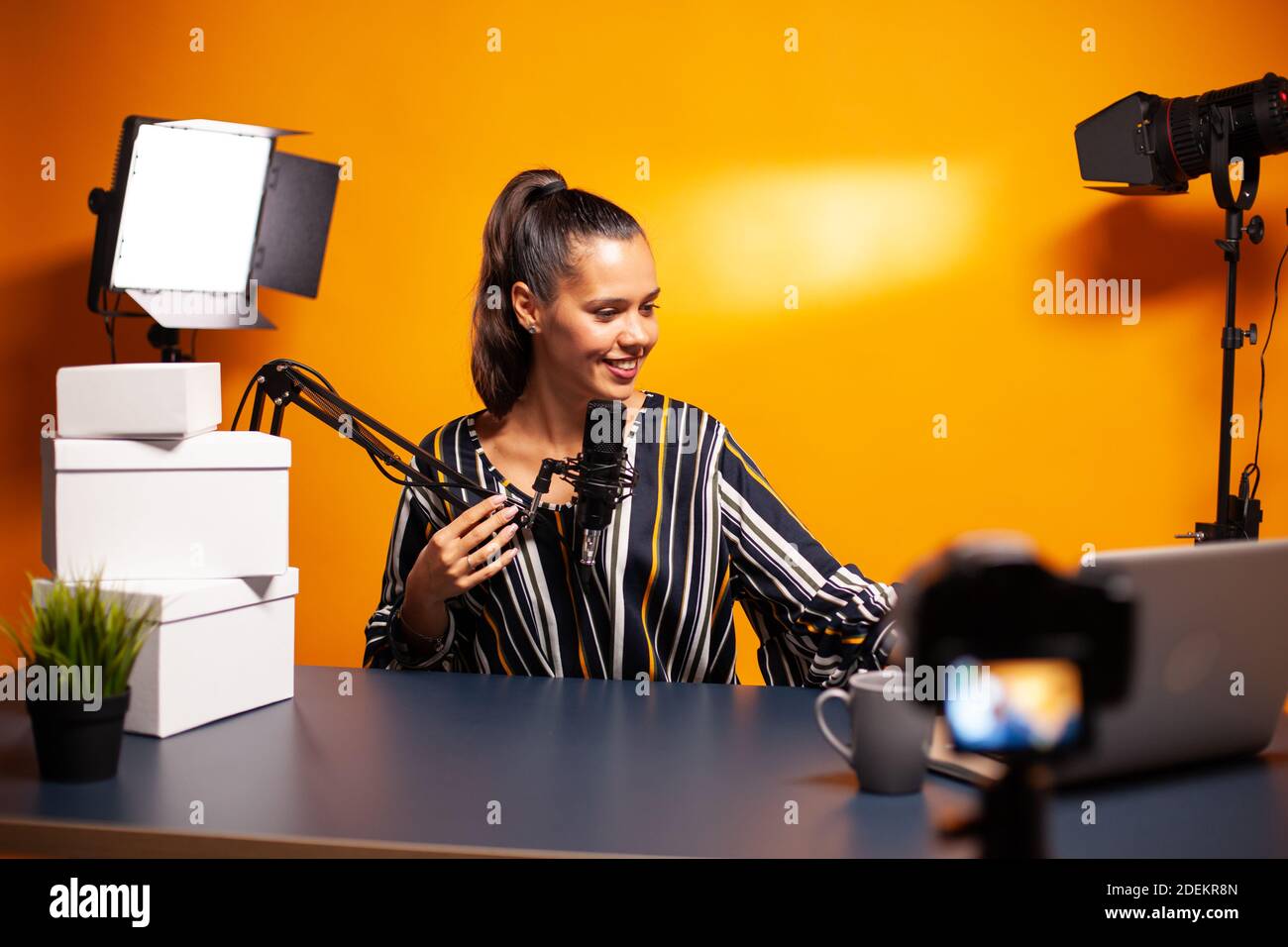 Recording podcast in home studio using modern technology. Creative ...