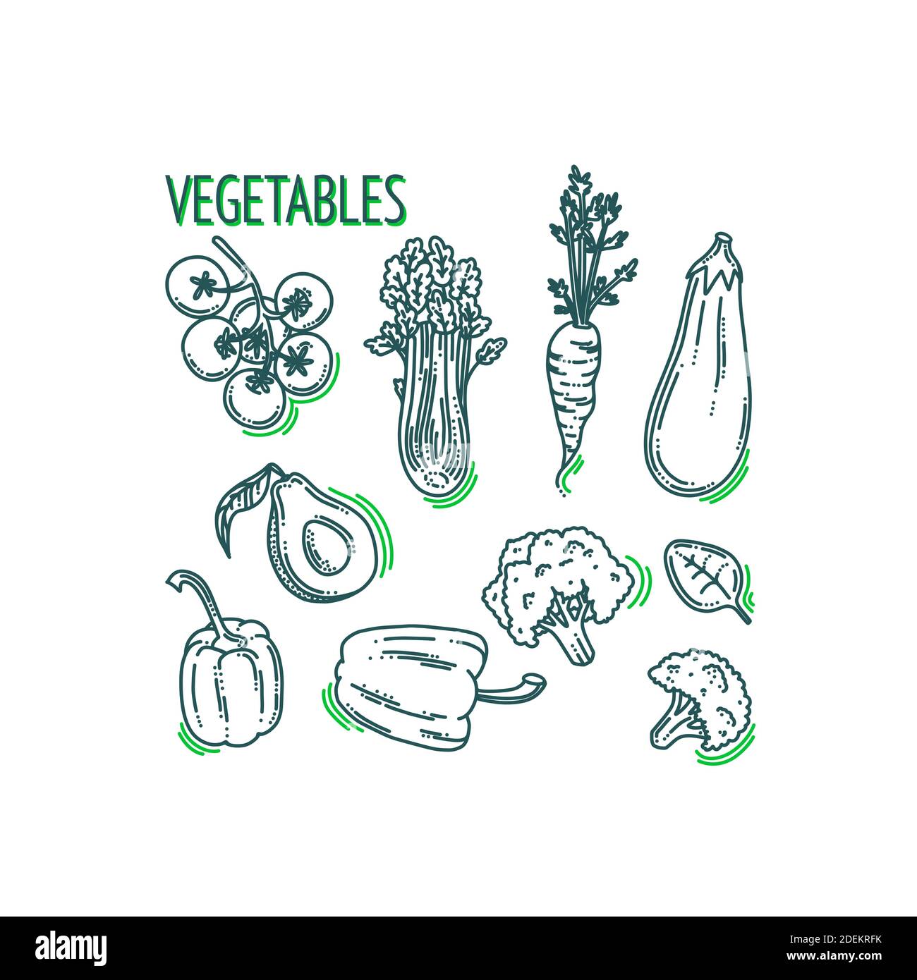 Vegetables doodle set. Vegetarian food with avocado, pepper, carrot ...
