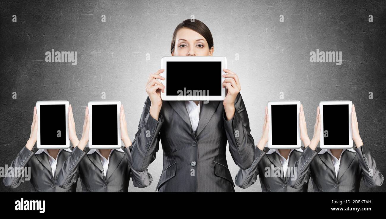 business women demonstrates a tablet. concept of choice Stock Photo - Alamy