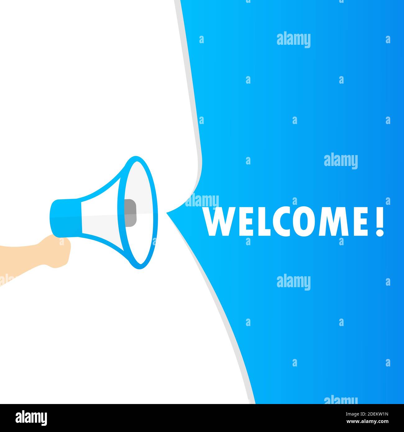 Hand holding megaphone with welcome message. Announcement. Loudspeaker ...