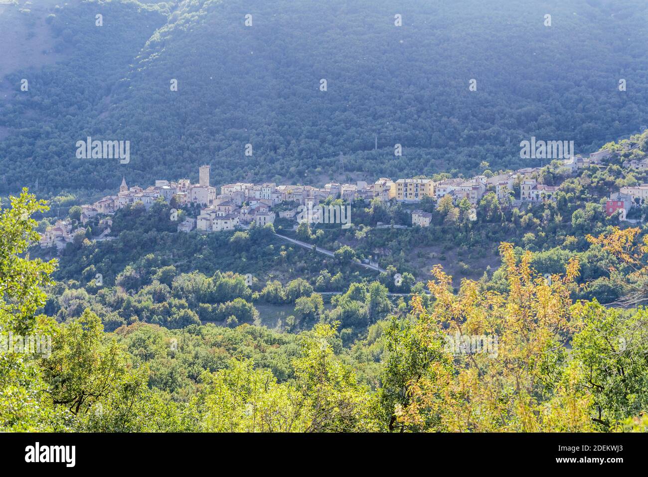 aerial landscape with historical hilltop village, shot in bright light ...