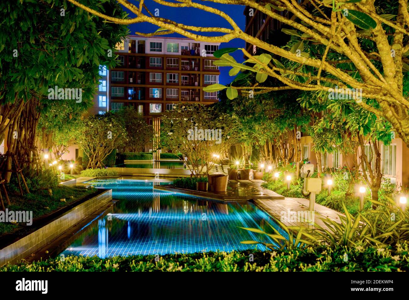 Swimming pool at night time with illumination Stock Photo - Alamy