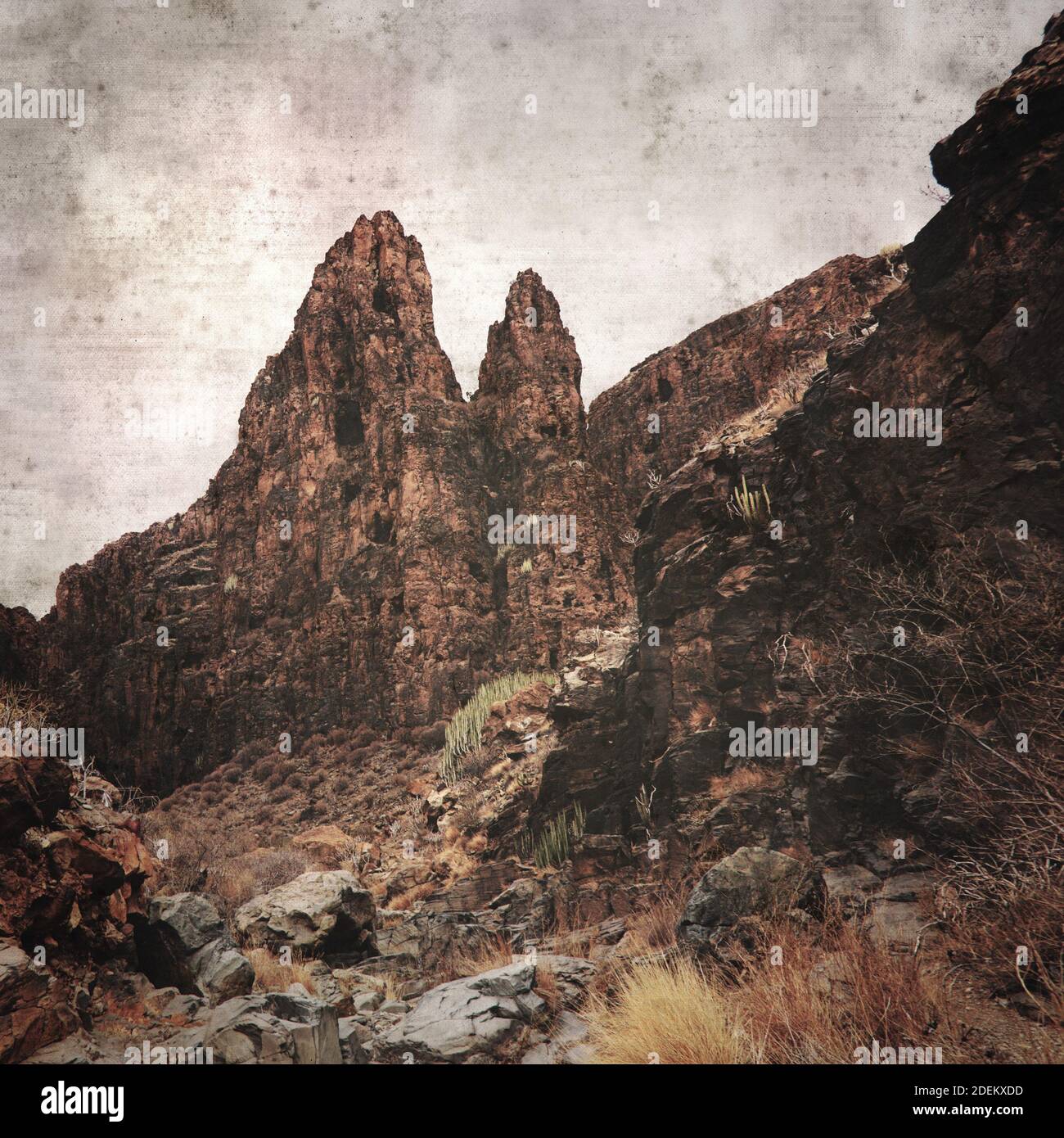 stylish textured old paper background with landscape of Gran Canaria ...