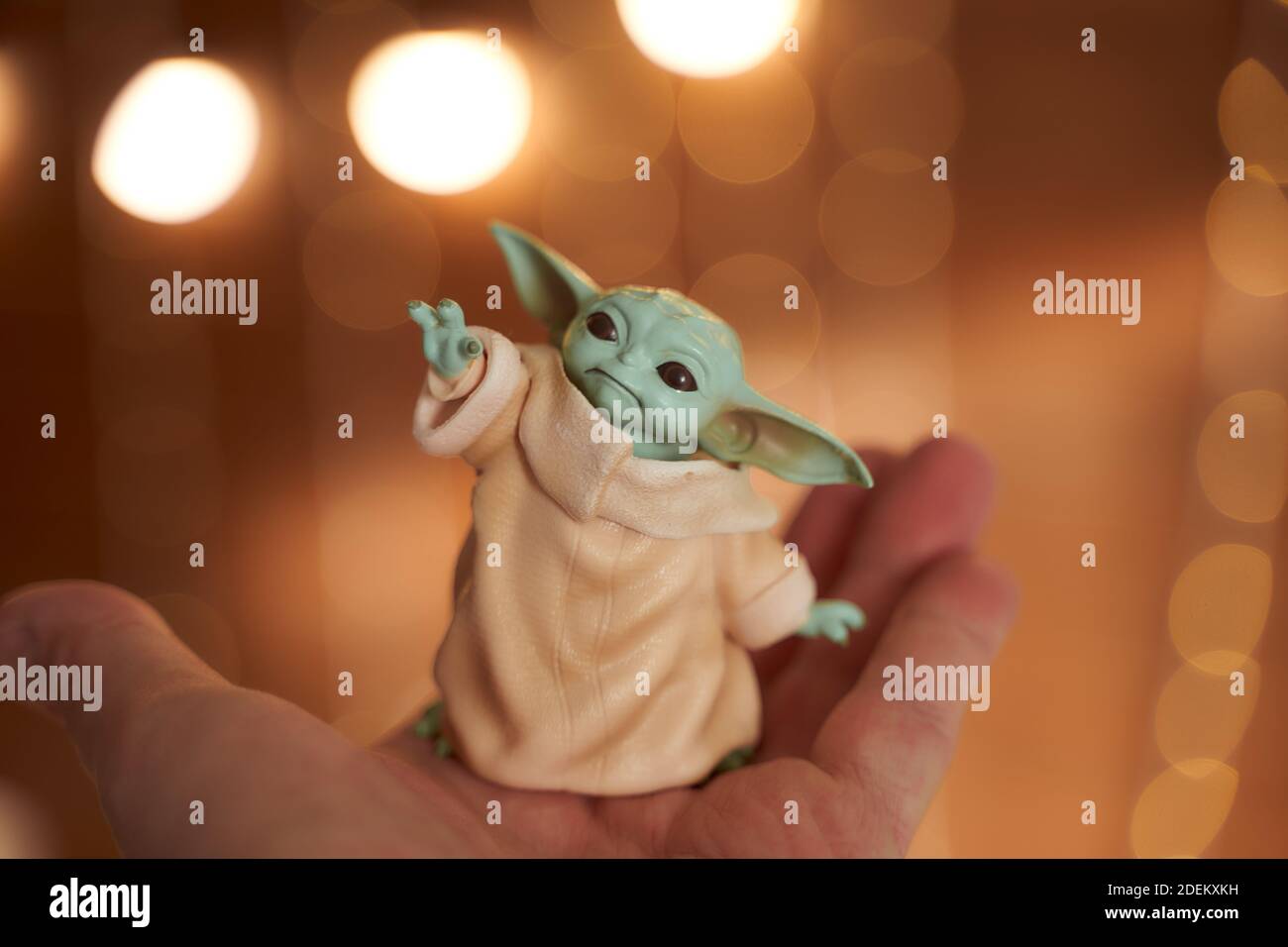 November, 2020: Display of Baby Yoda, an action figures, standing on ...