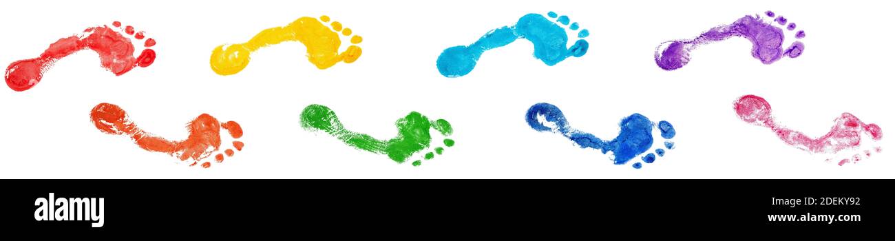 Rainbow color human footprints way white background isolated, colorful ...