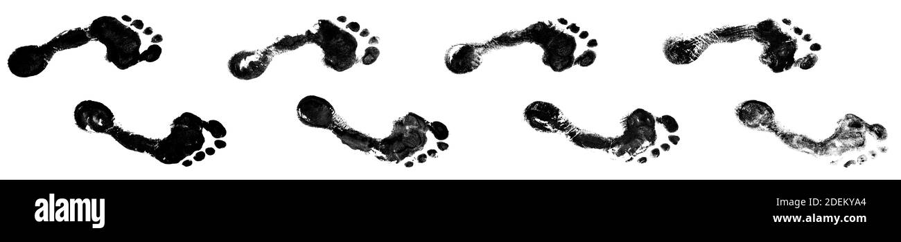 Human black footprints way white background isolated, barefoot person ...