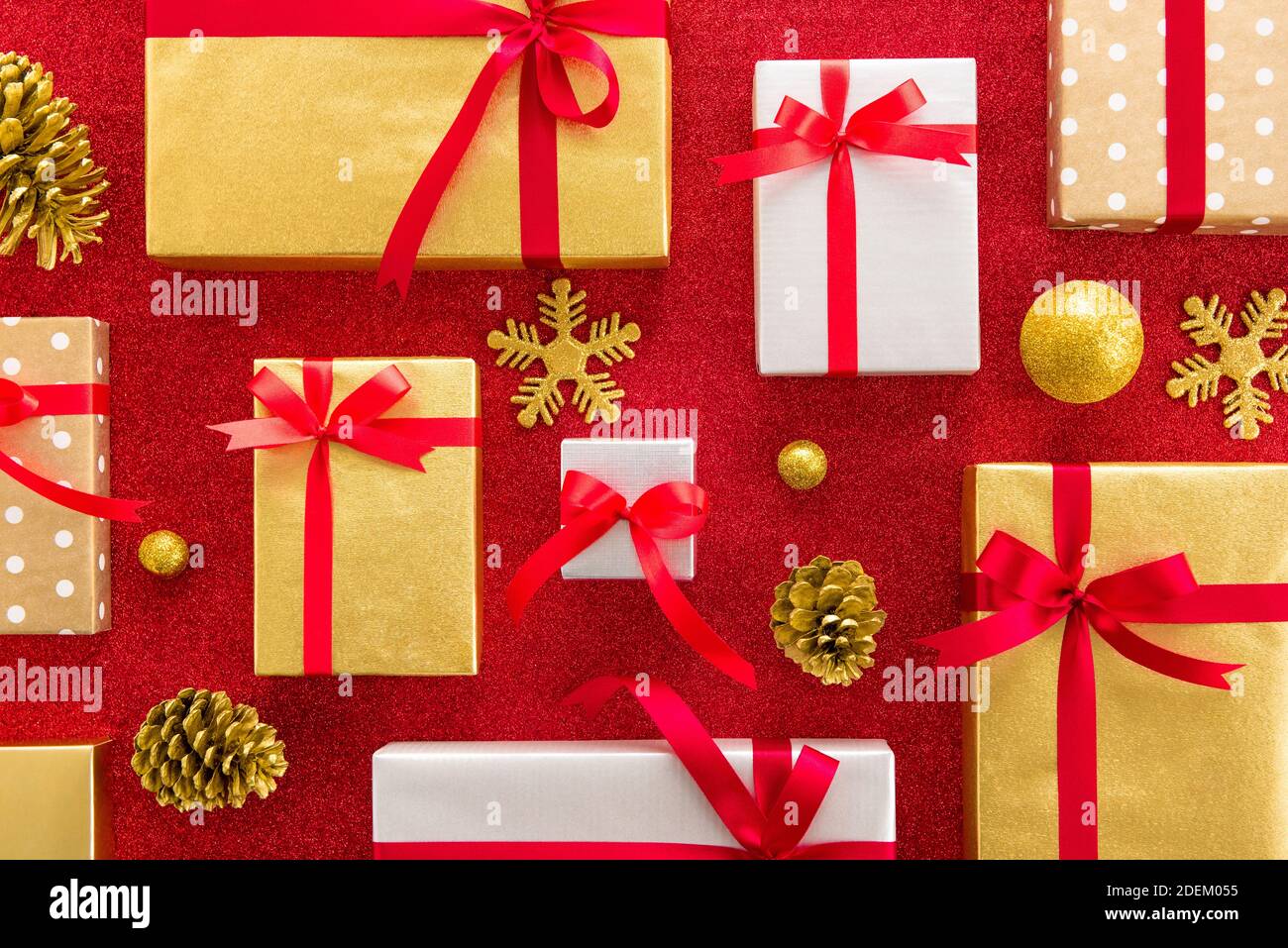 Set of shiny Christmas and New Year holiday gift boxes with decorating ...