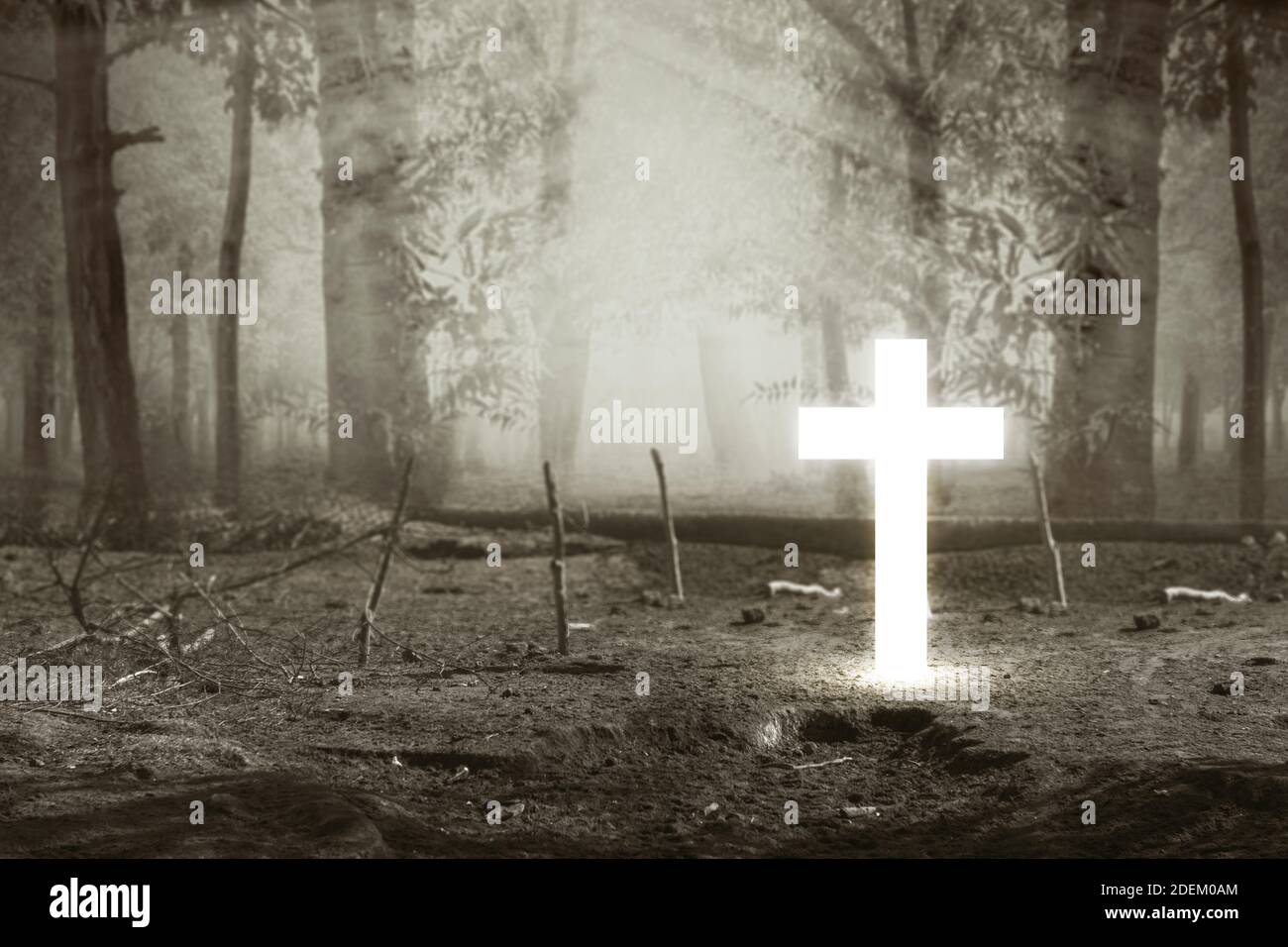 Christian Cross in the forest with a night scene background Stock Photo ...
