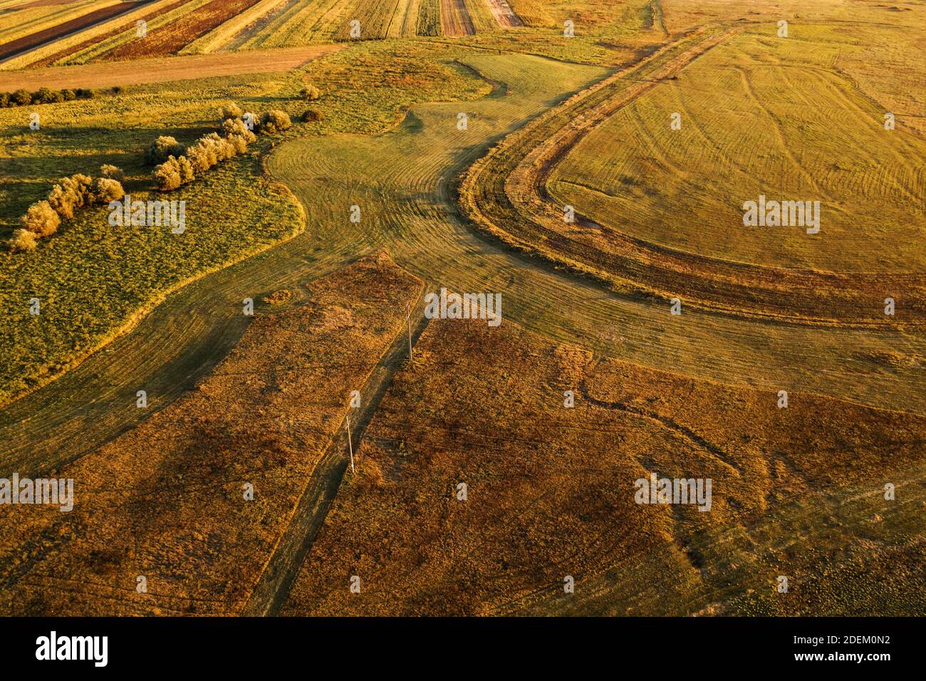 Aerial view of countryside plain landscape in summer sunset, cultivated ...