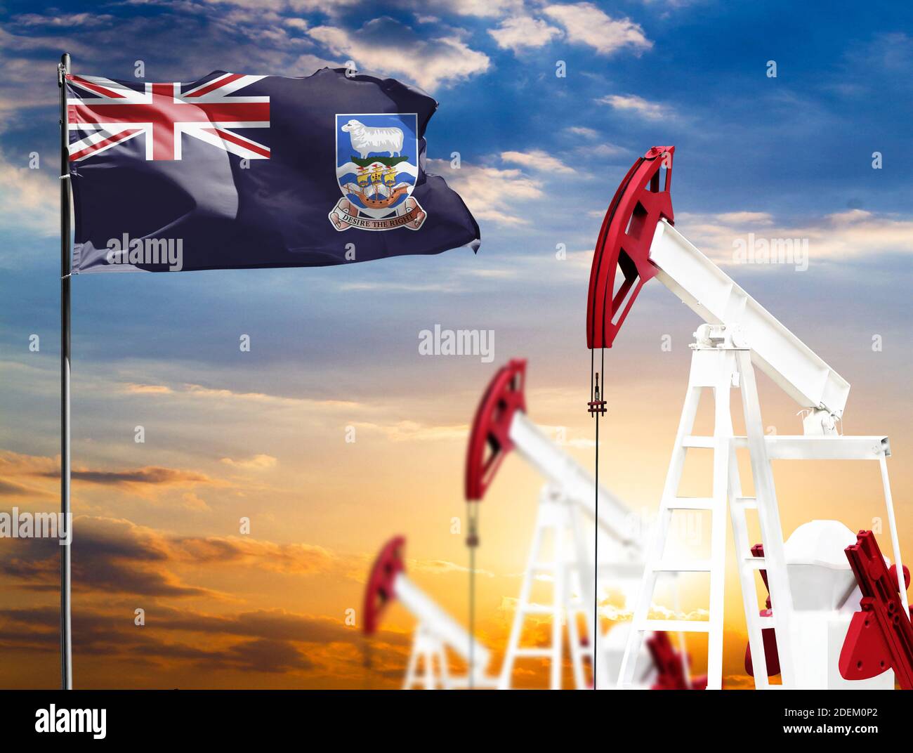 Oil rigs against the backdrop of the colorful sky and a flagpole with ...