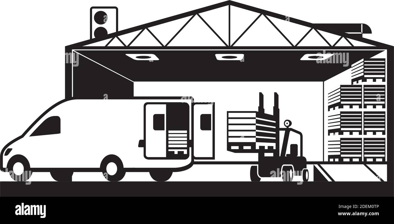 Forklift loading cargo van with pallets in warehouse – vector ...