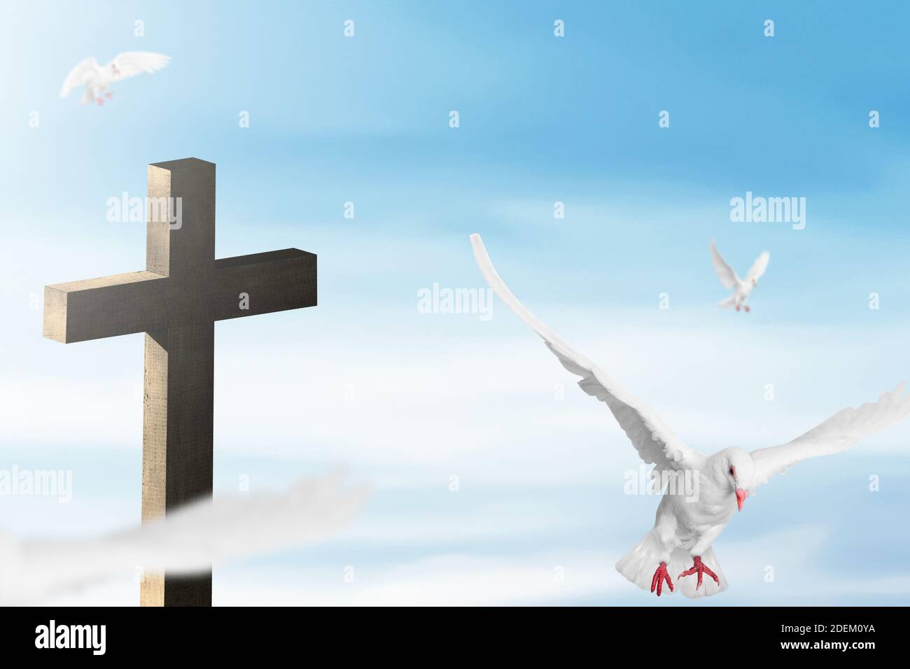 Christian Cross and pigeon flying with a blue sky background Stock ...