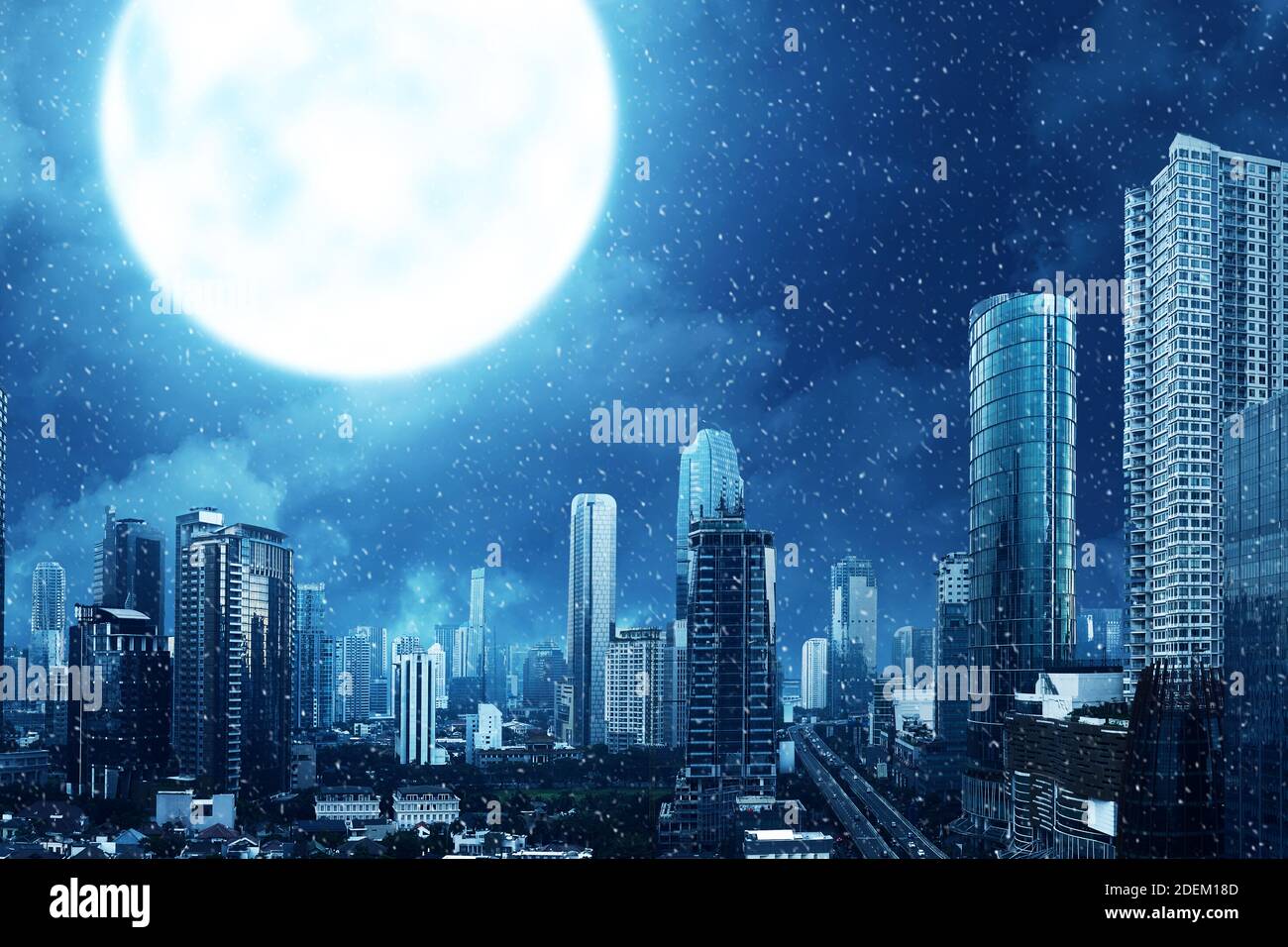 Modern building and skyscrapers on the city with the night scene ...