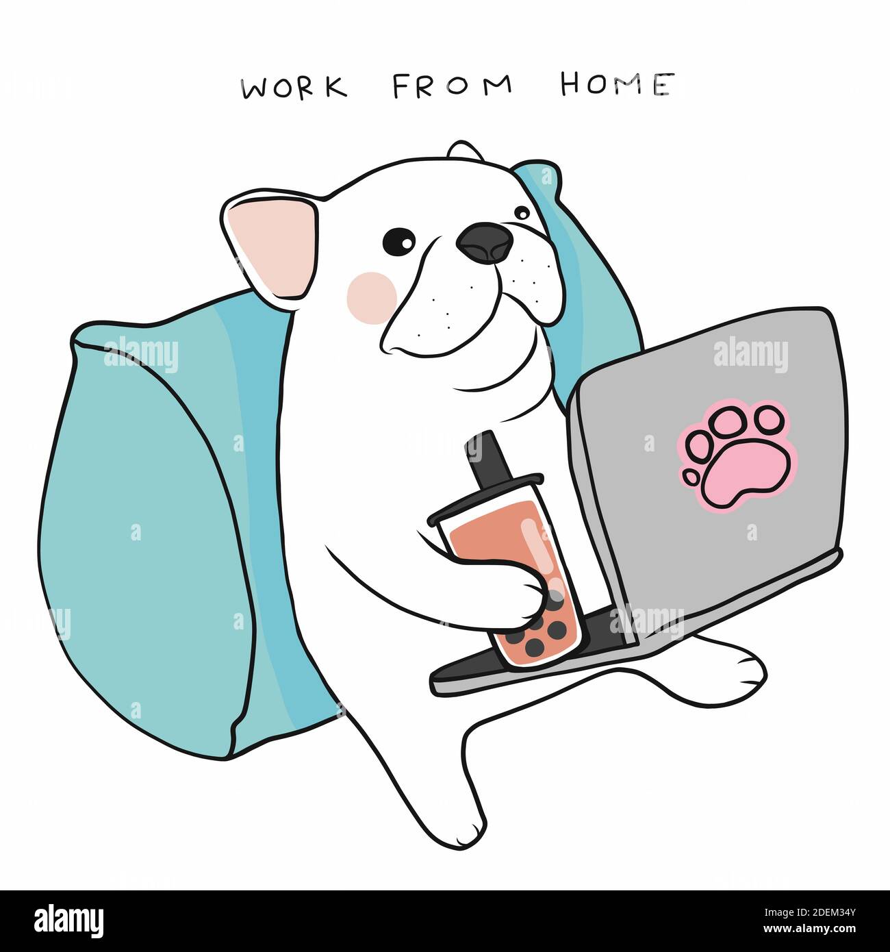 Work from home French bulldog use laptop and drink ice bubble milk tea ...