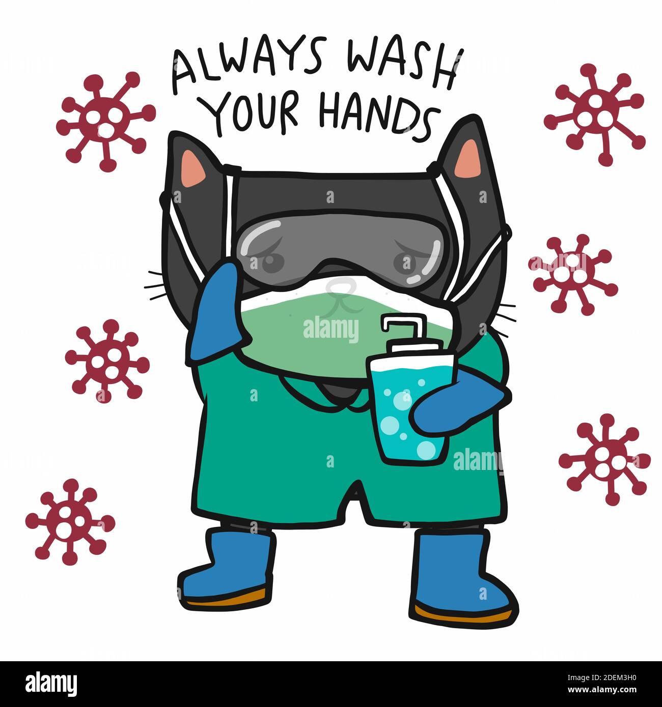 Cat wear protection cloth from virus, always wash your hands cartoon ...