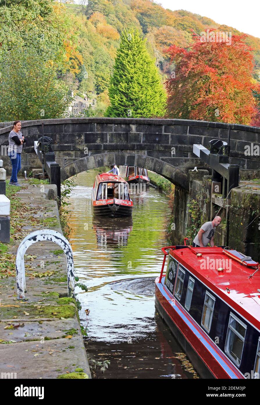 Narrowboats entering Black Pit lock, Rochdale canal, Hebden Bridge ...