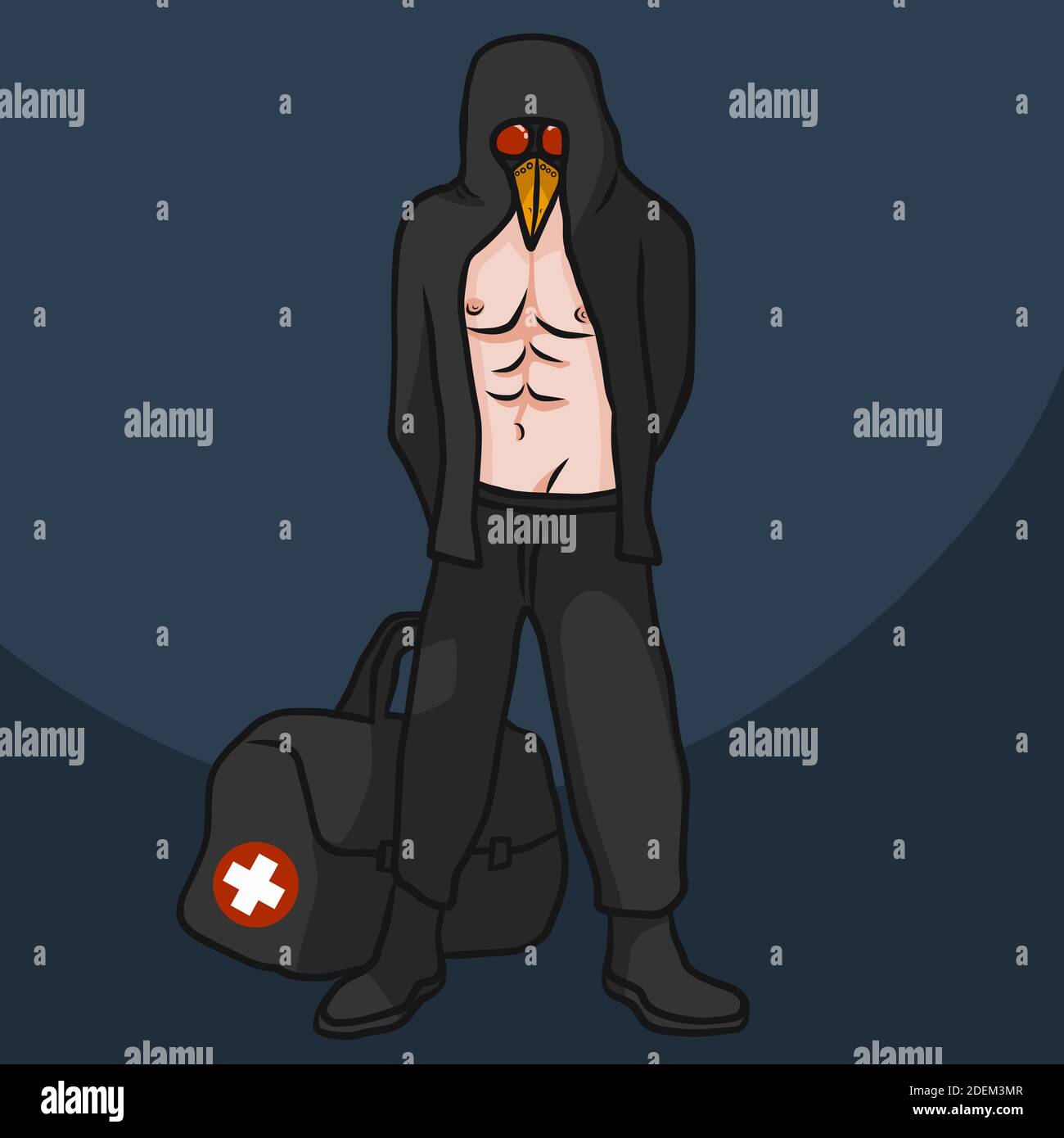 The plague doctor (crow doctor) with military doctor bag showing six ...
