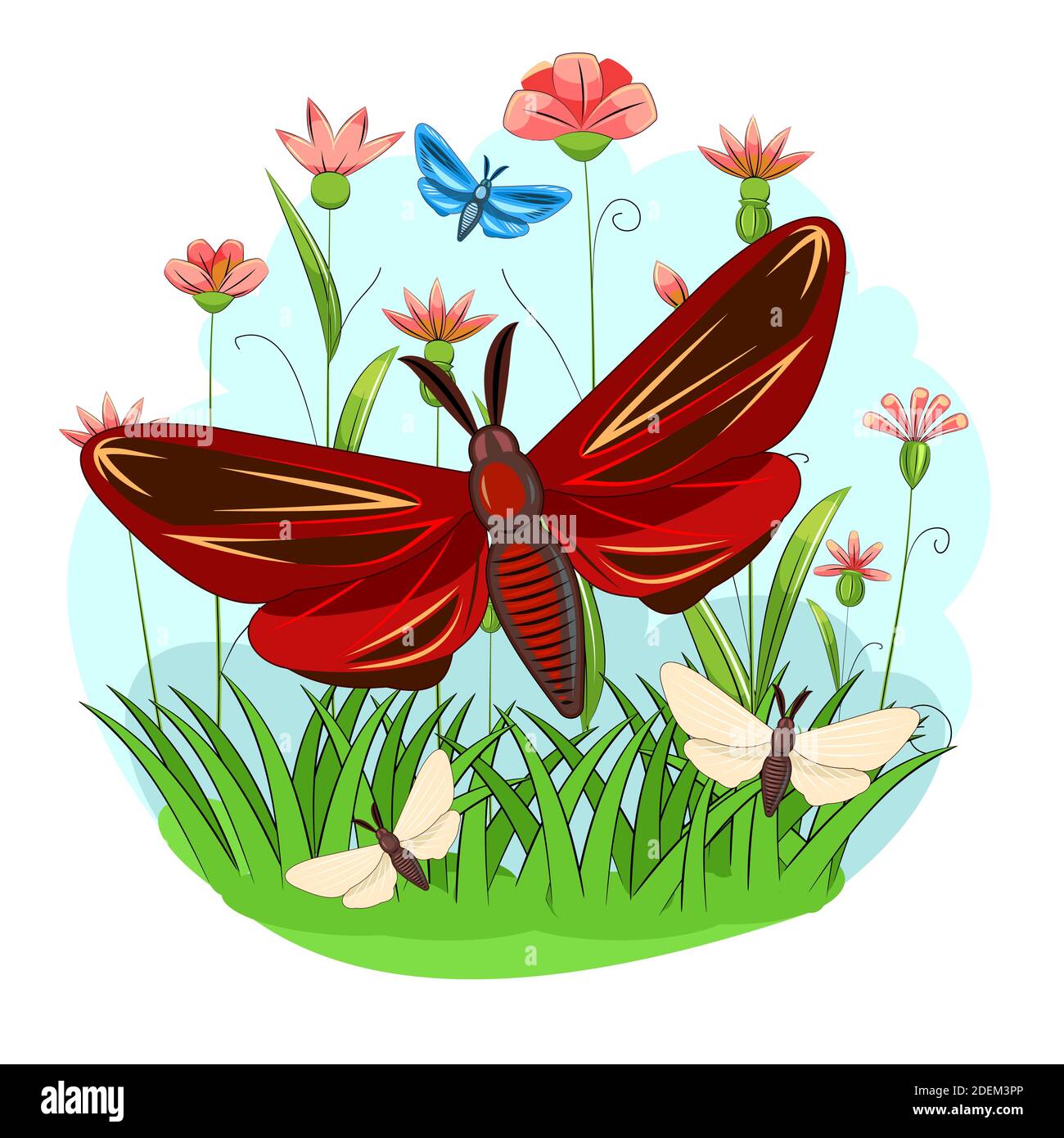 Red butterfly on the background of a blooming summer meadow. Grass ...