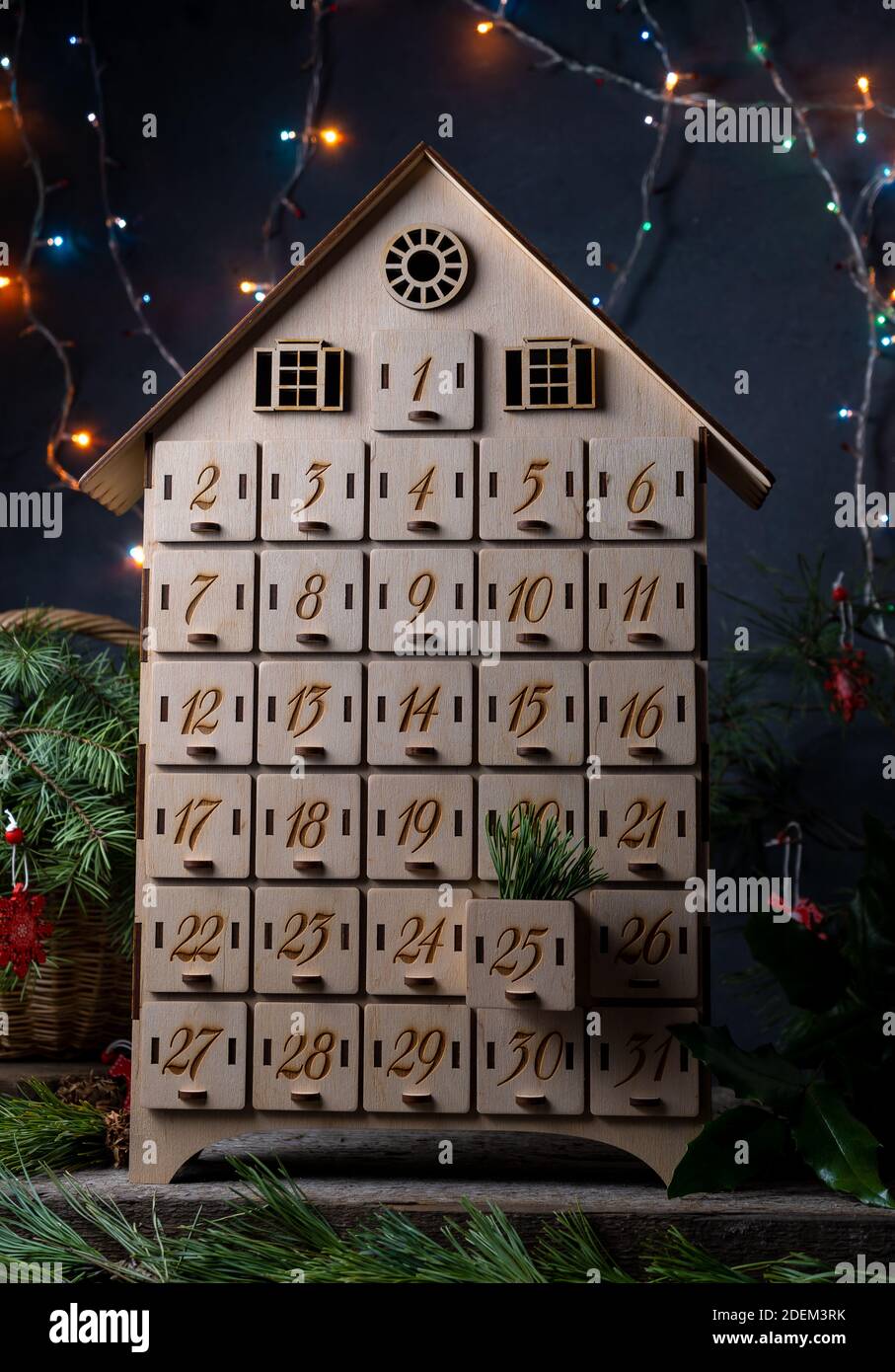 Wooden advent calendar for waiting new year or christmas. Box with ...