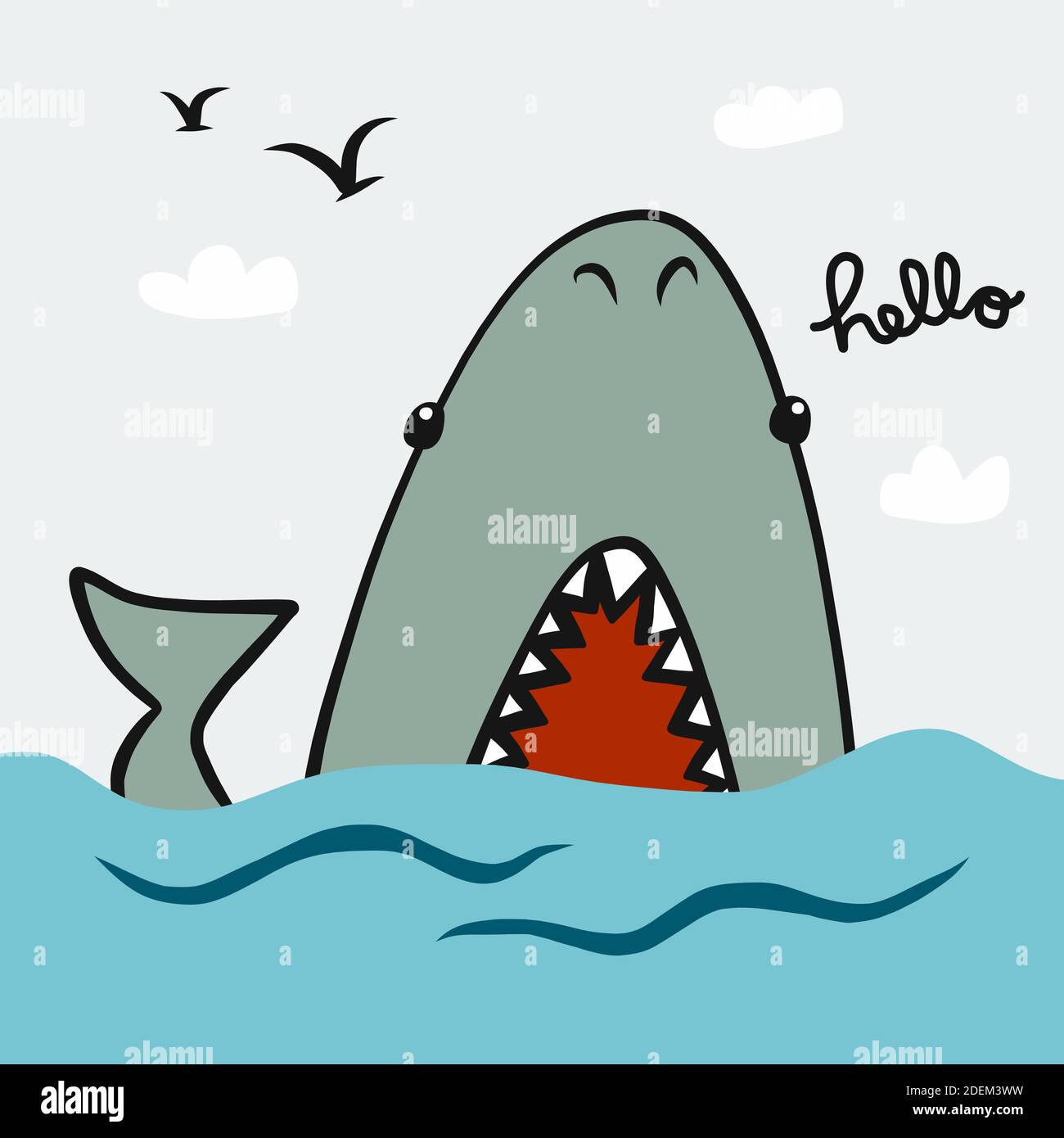 Shark say hello in the sea cartoon vector illustration doodle style ...