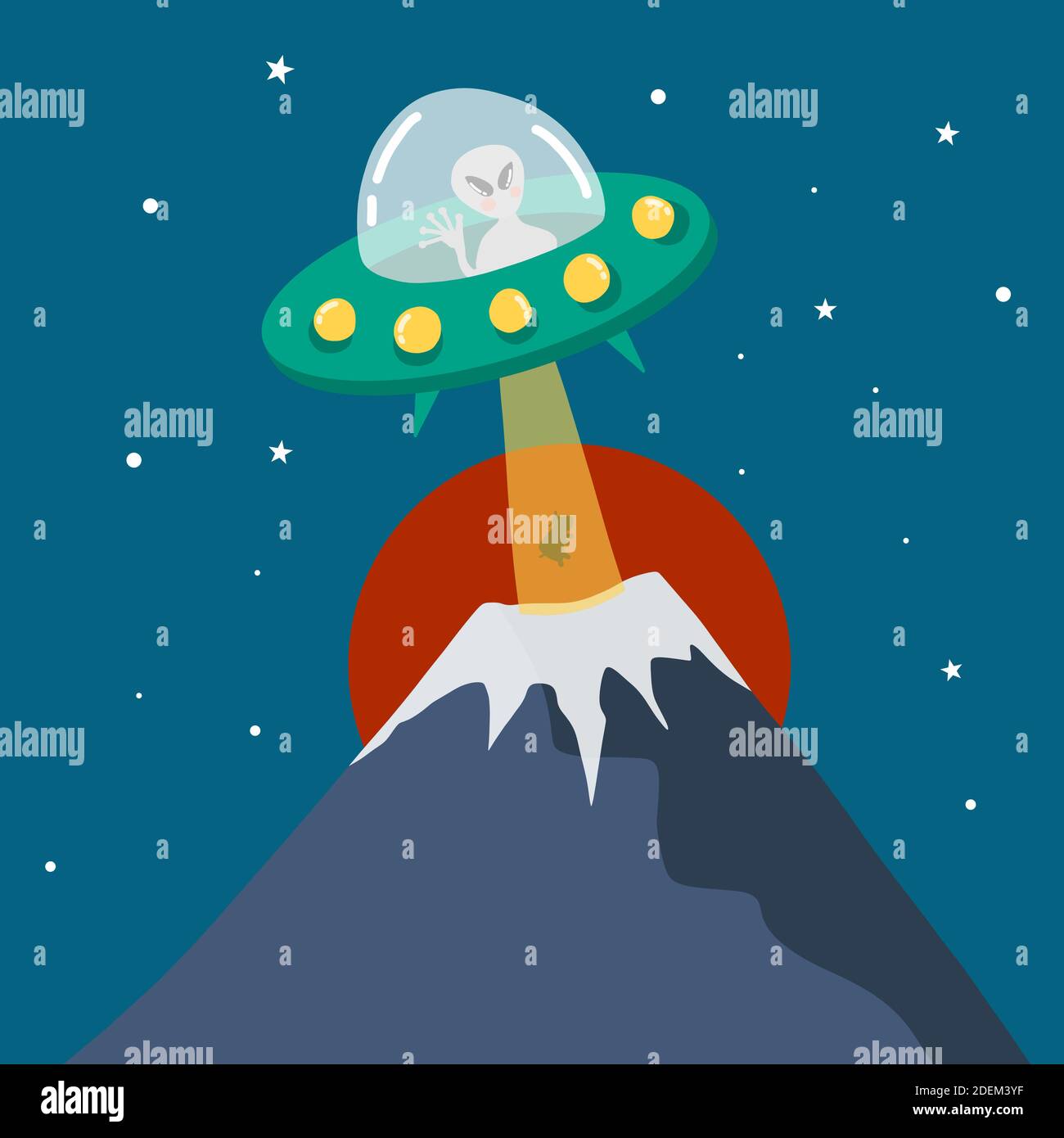 Alien UFO talking cow from mountain cartoon vector illustration doodle ...