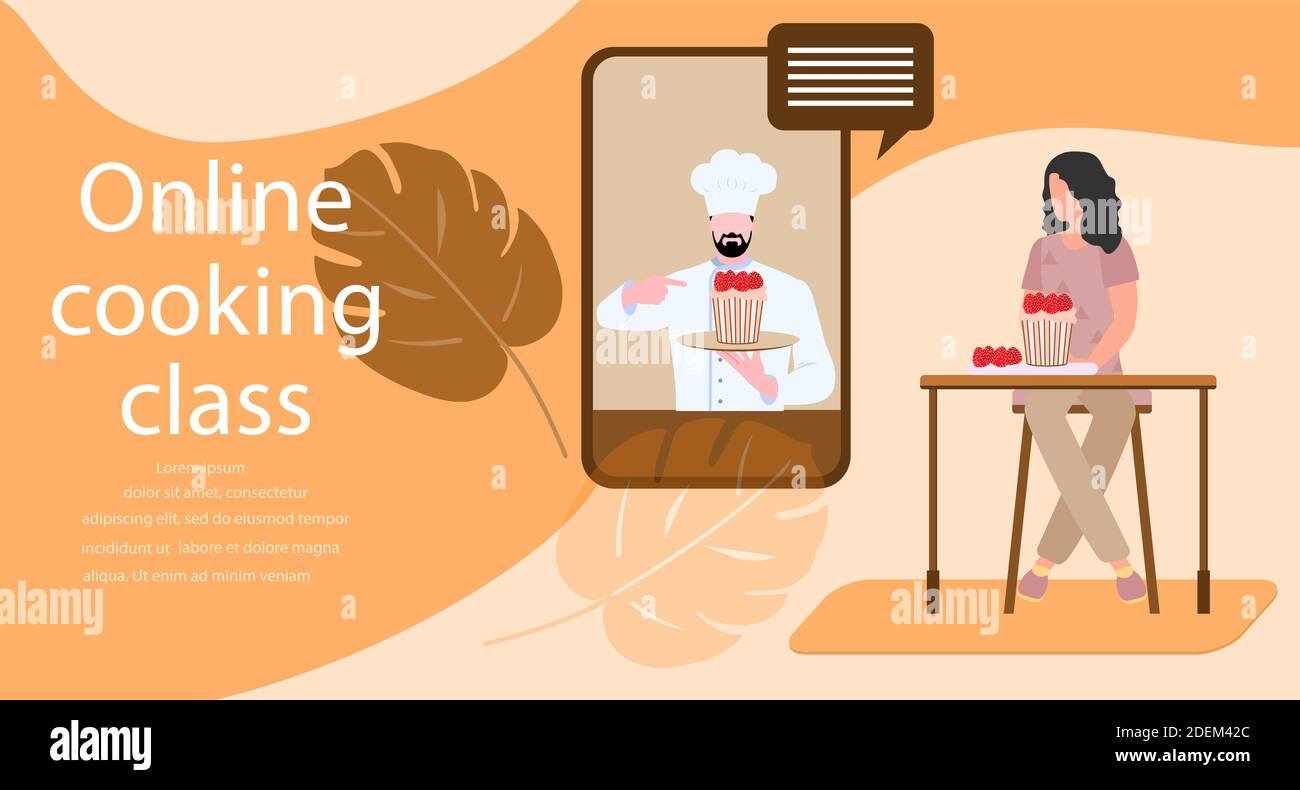 Vector illustration Cooking Online master class Woman cooking at home ...