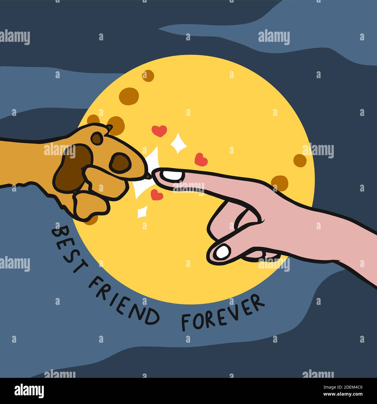 Dog paw and human finger in front of full moon cartoon, Best friend ...