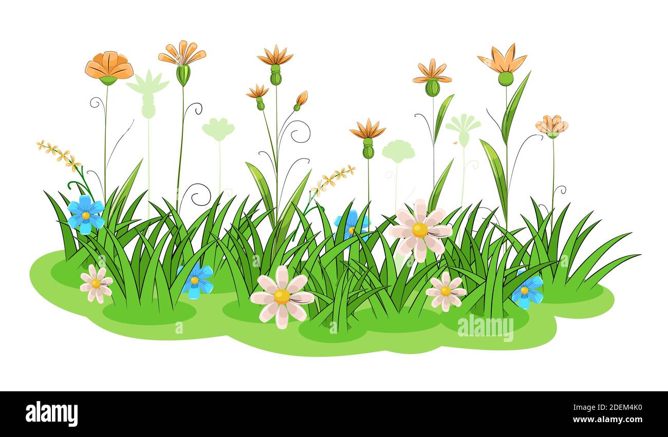Blooming meadow with grass and flowers. Cartoon just style. Isolated on ...