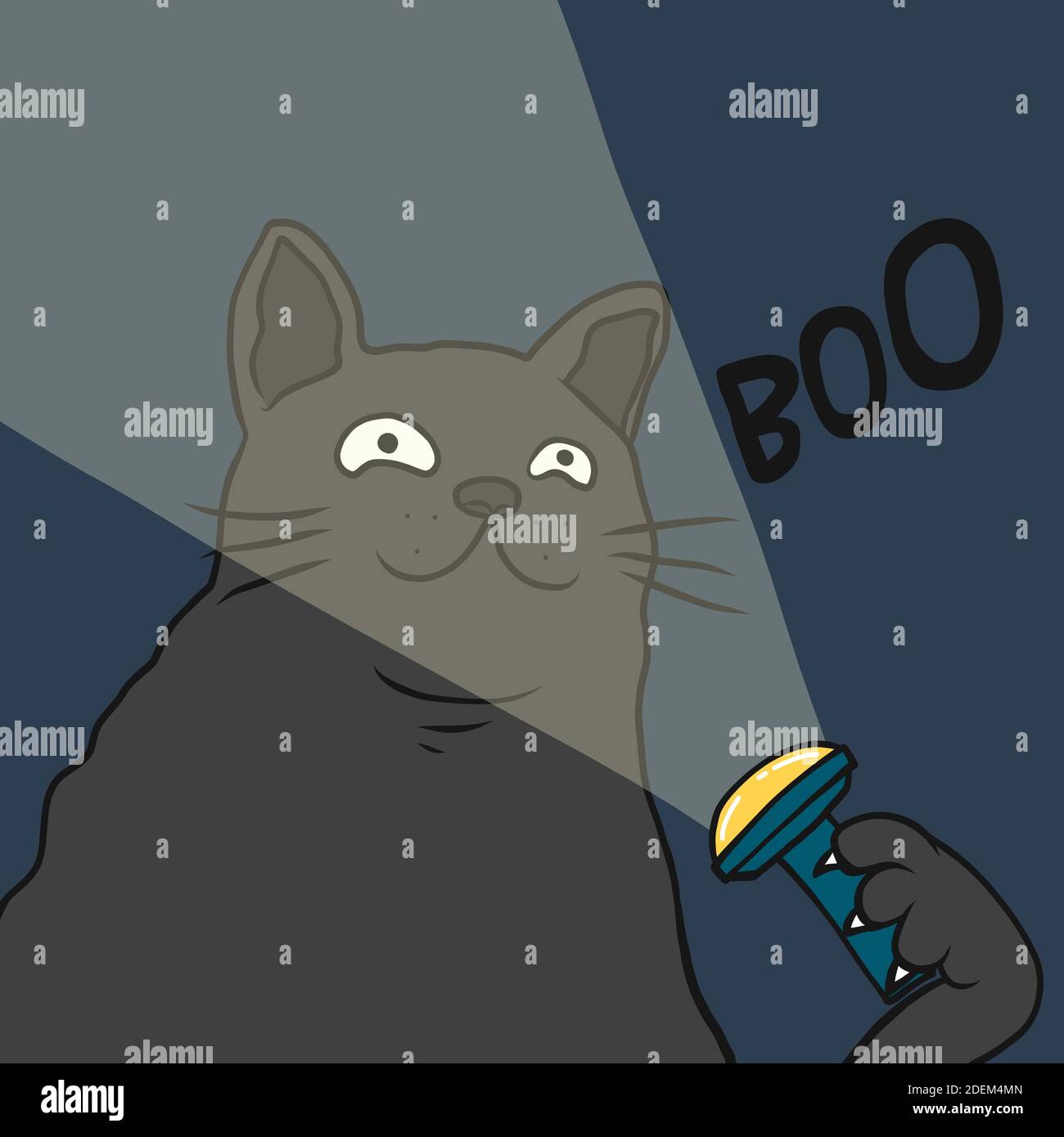 Black fat cat play with flashlight on face and say Boo, Halloween ...