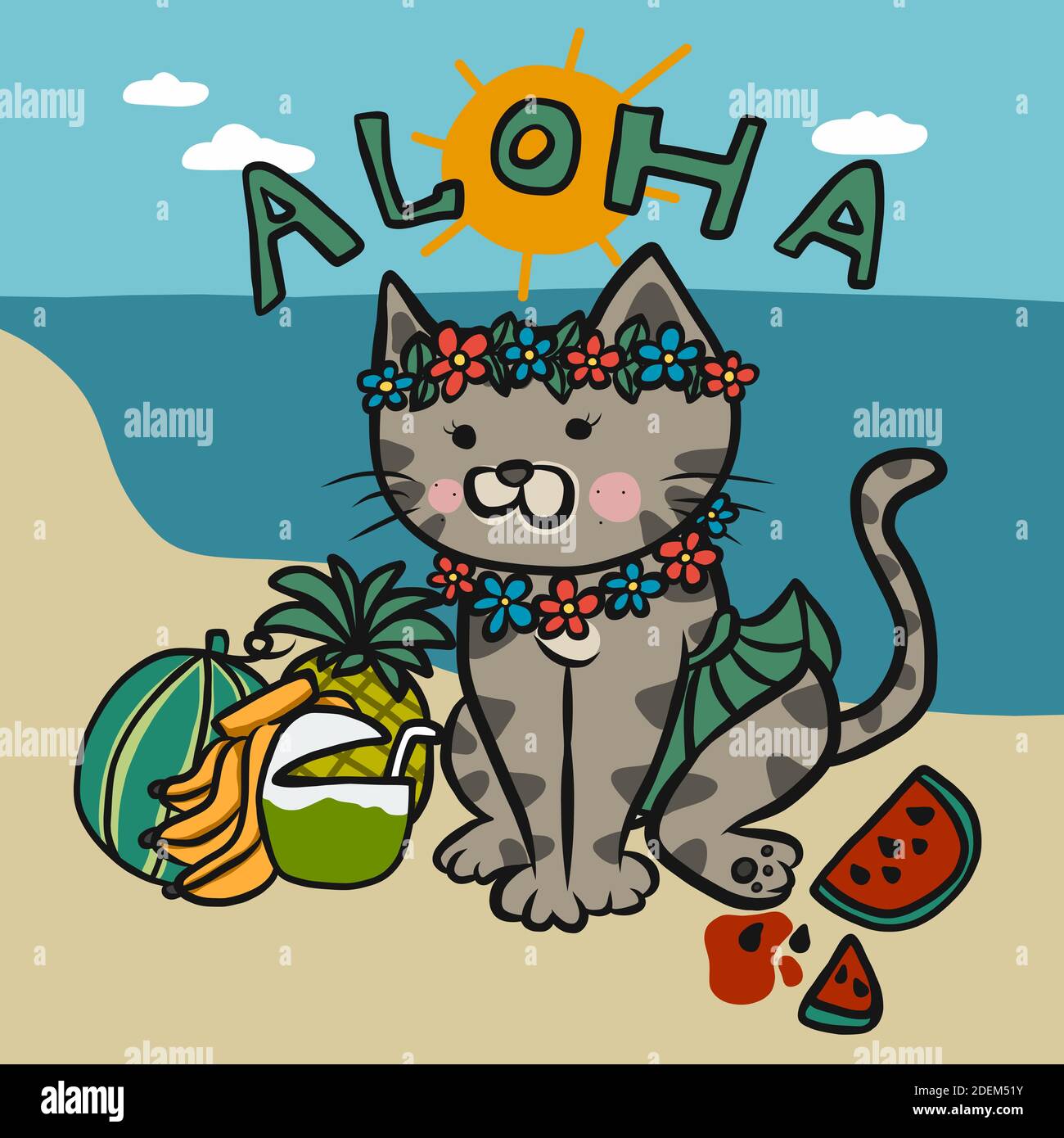 Aloha tabby cat wear Hawaii dress cartoon vector illustration Stock ...