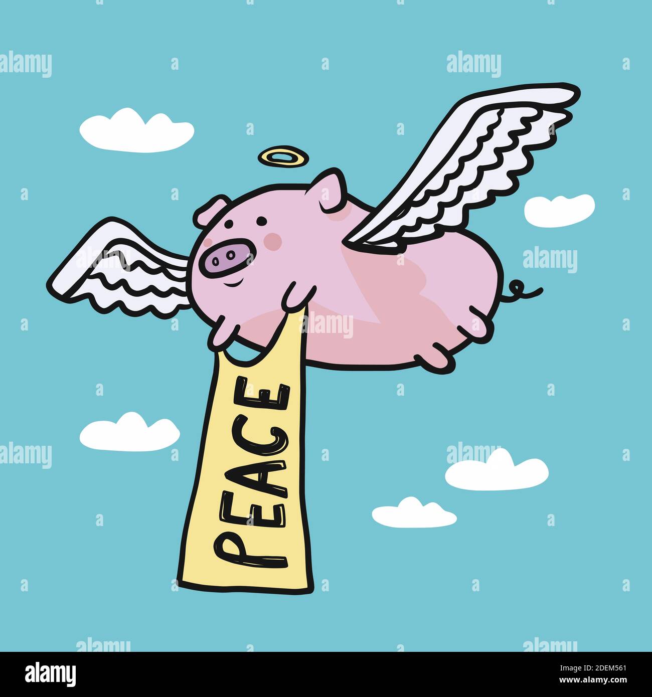 Angel pig with peace flag flying on sky cartoon vector illustration ...