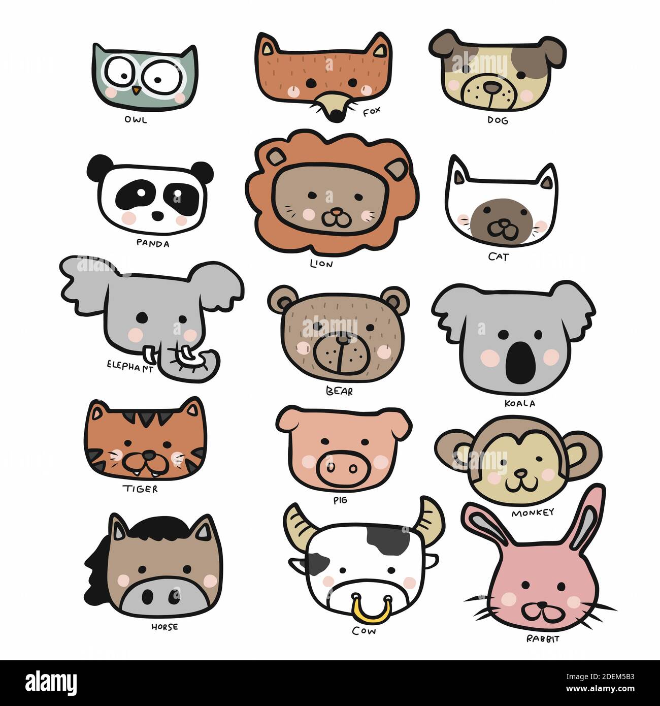 Animal face set doodle style cartoon vector illustration Stock Vector ...