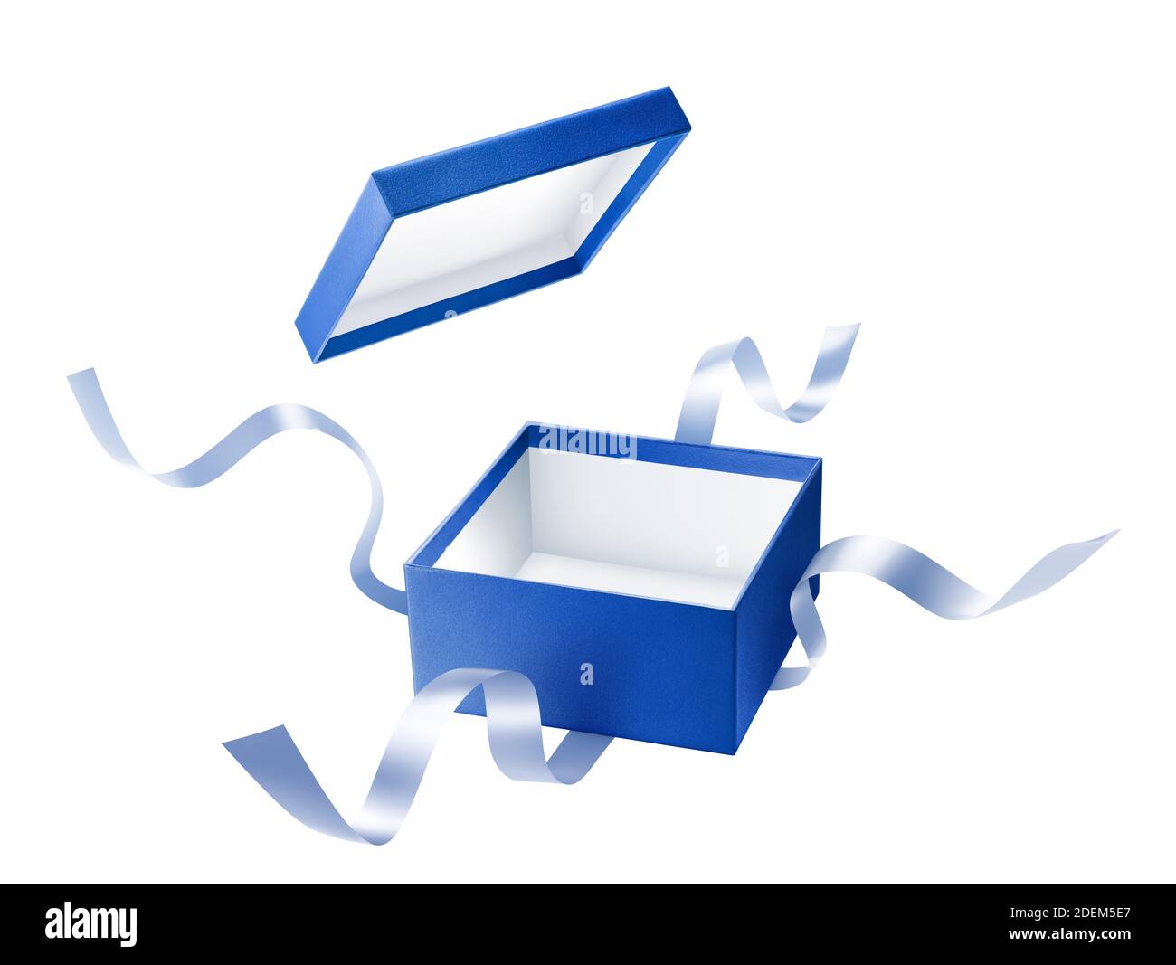 Blue open gift box with ribbon over white background Stock Photo - Alamy