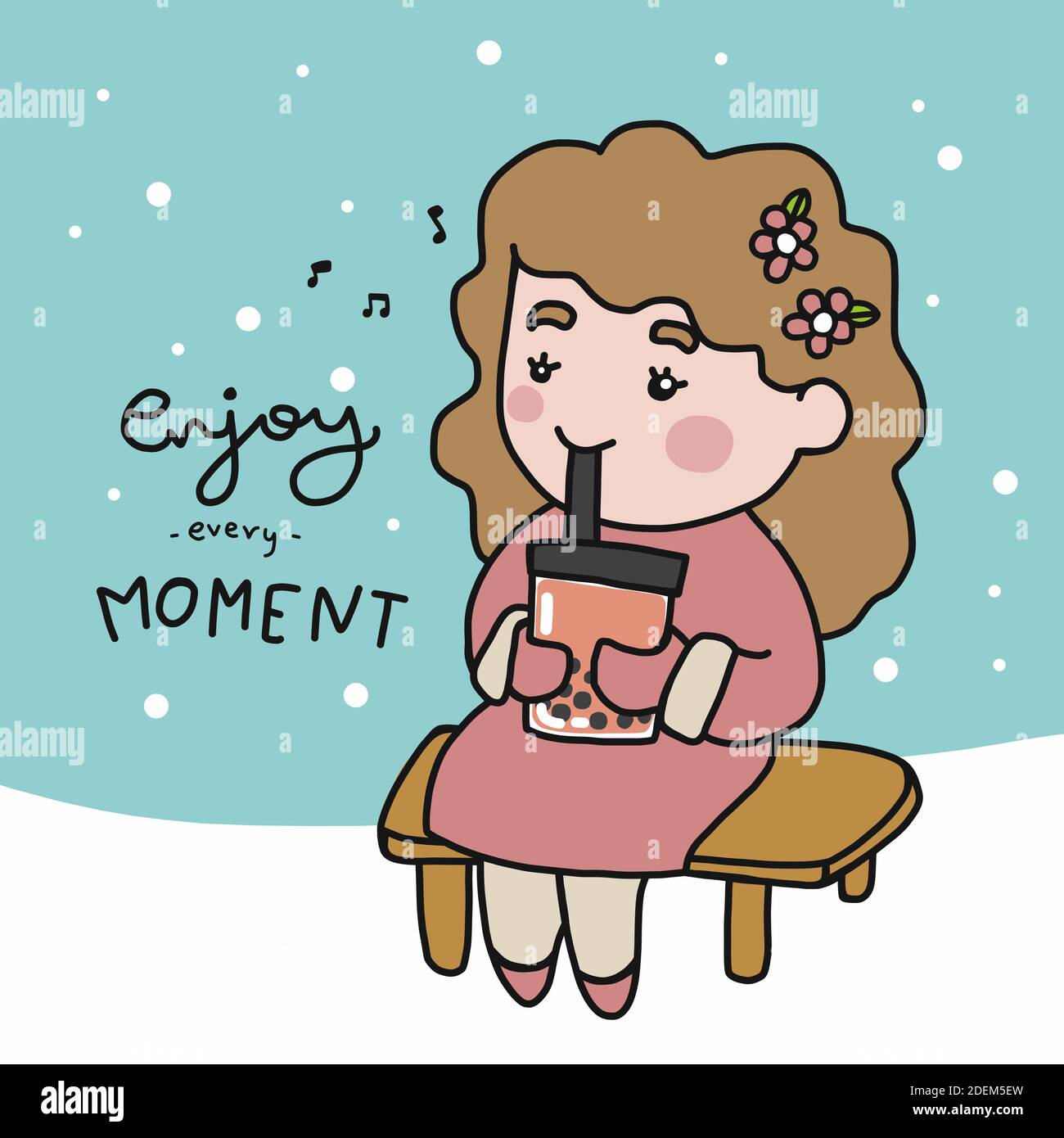 Enjoy every moment , woman drink bubble tea in winter cartoon vector ...