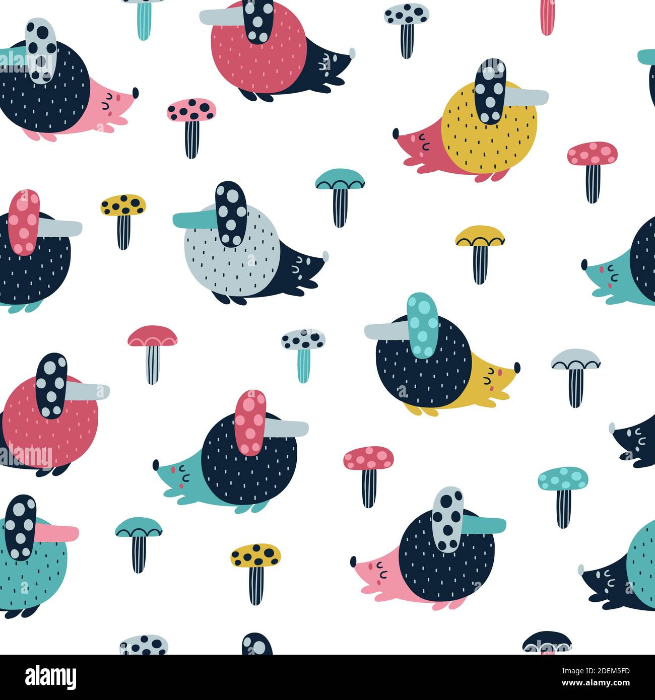 Cute hedgehog with mushroom seamless pattern. Forest background Stock ...
