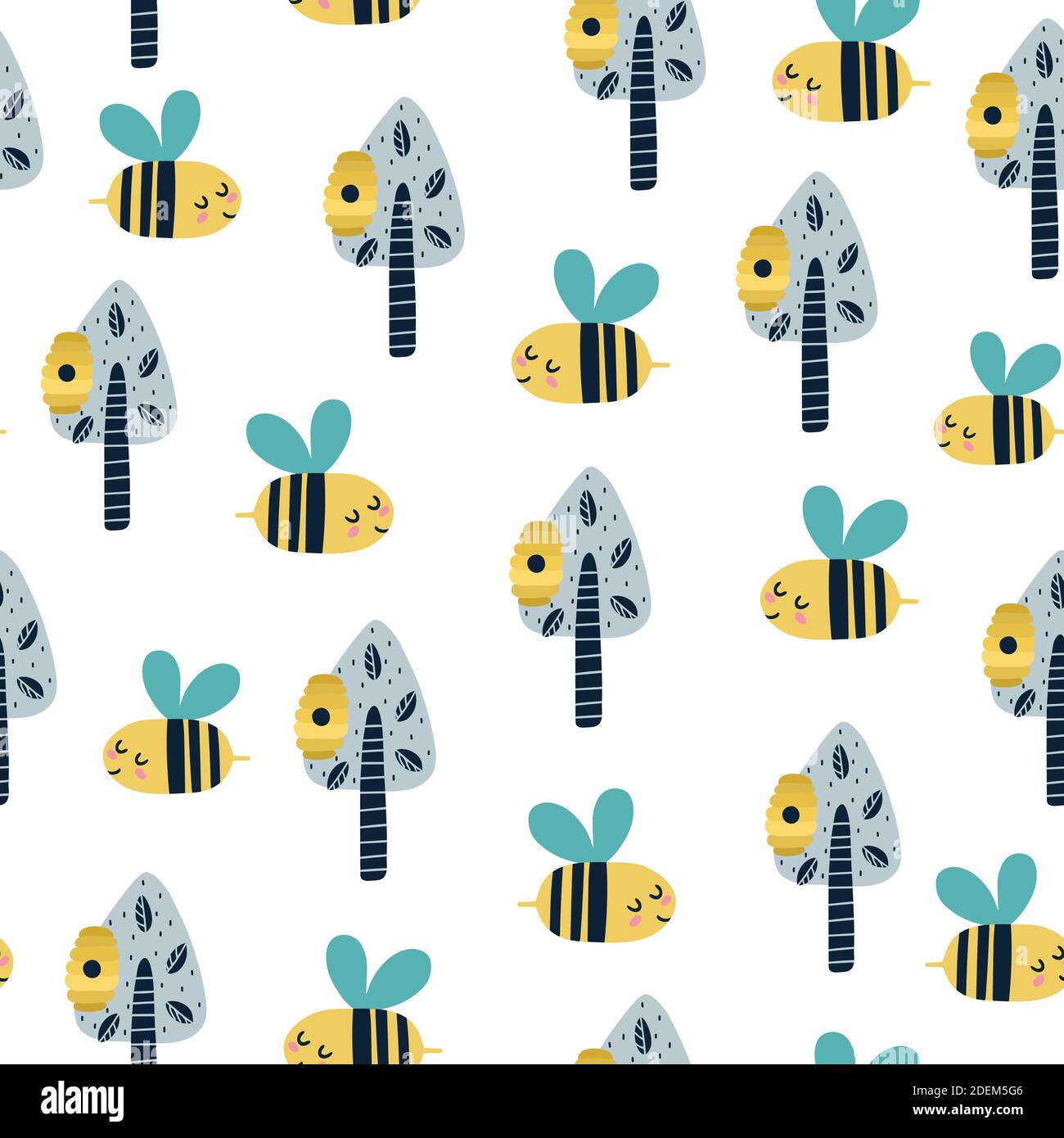 Cute bee in the forest seamless pattern. The woodland hive background ...