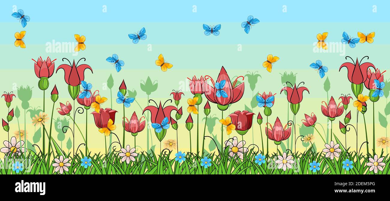 Blooming meadow with grass and flowers. Landscape with the sky. Cartoon ...