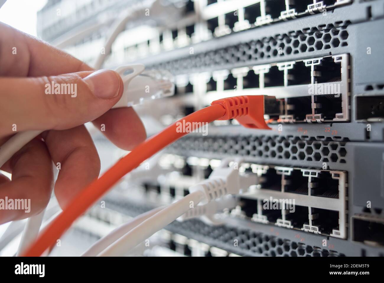 Working switches in data center with white and red cables Stock Photo ...