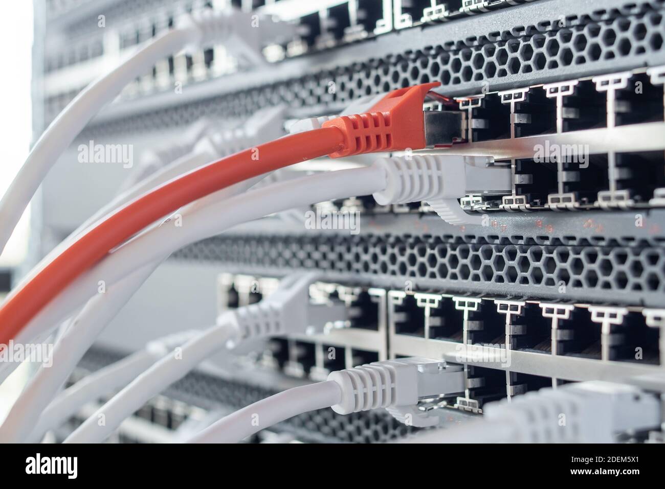 Working switches in data center with white and red cables Stock Photo ...