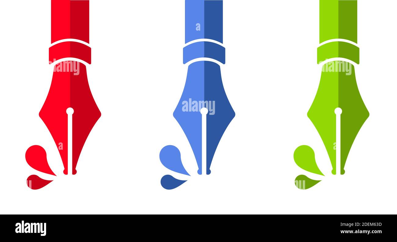 A set of colored fountain pens. Red, blue, and green fountain pen icons ...